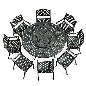 VIVIJASON 9-Piece Patio Dining Set, Rust-Free Cast Aluminum Outdoor Furniture Set, 8 Patio Dining Chairs and 61" Round Dining Table with 31" Lazy Susan, Umbrella Hole for Backyard, Patio, Garden