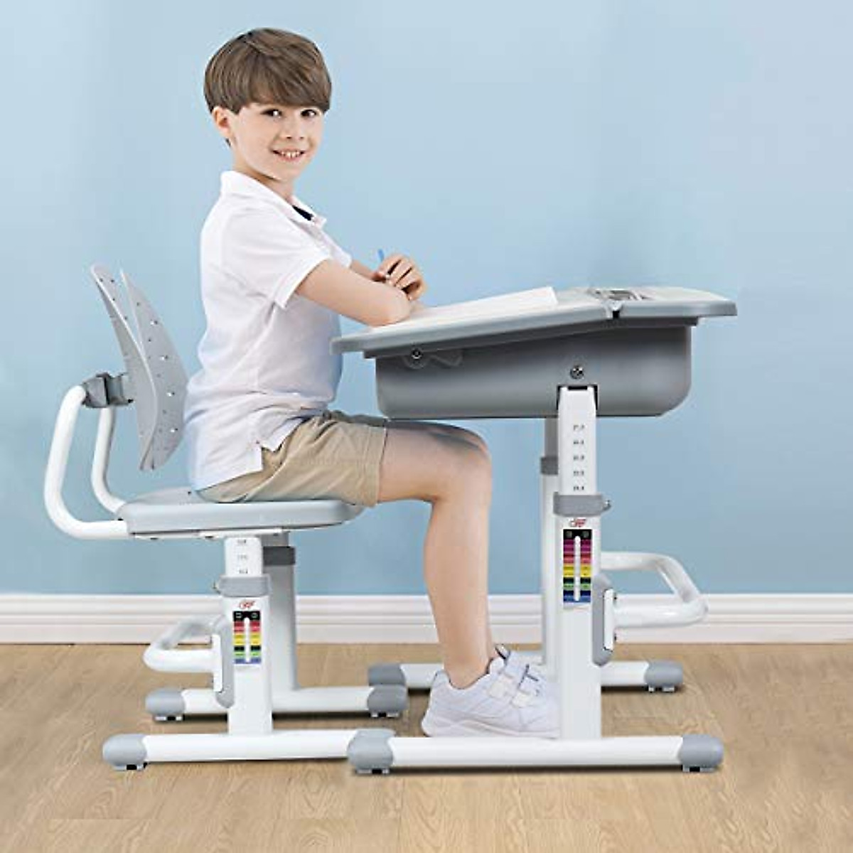 BABY JOY Kids Desk and Chair Set, Height Adjustable, Children's Study Table with Large Storage Space, Ergonomic Winged Backrest Chair, Student School Desk Set Great Gift for Ages 3 to 14 (Gray)