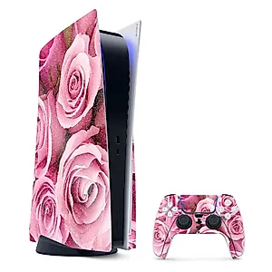 MightySkins Glossy Glitter Gaming Skin for PS5 / PlayStation 5 Bundle - Pink Roses | Durable High-Gloss Glitter Finish | Easy to Apply and Change Style | Made in The USA