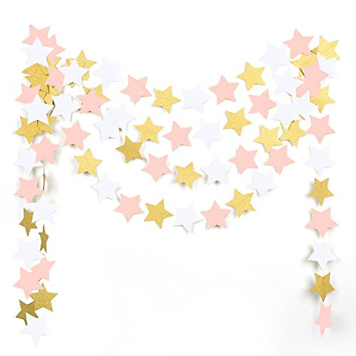 MOWO Paper Garland Twinkle Star Pink Gold Glitter and White 3'' Circle Decoration 2pc 20 feet in Total