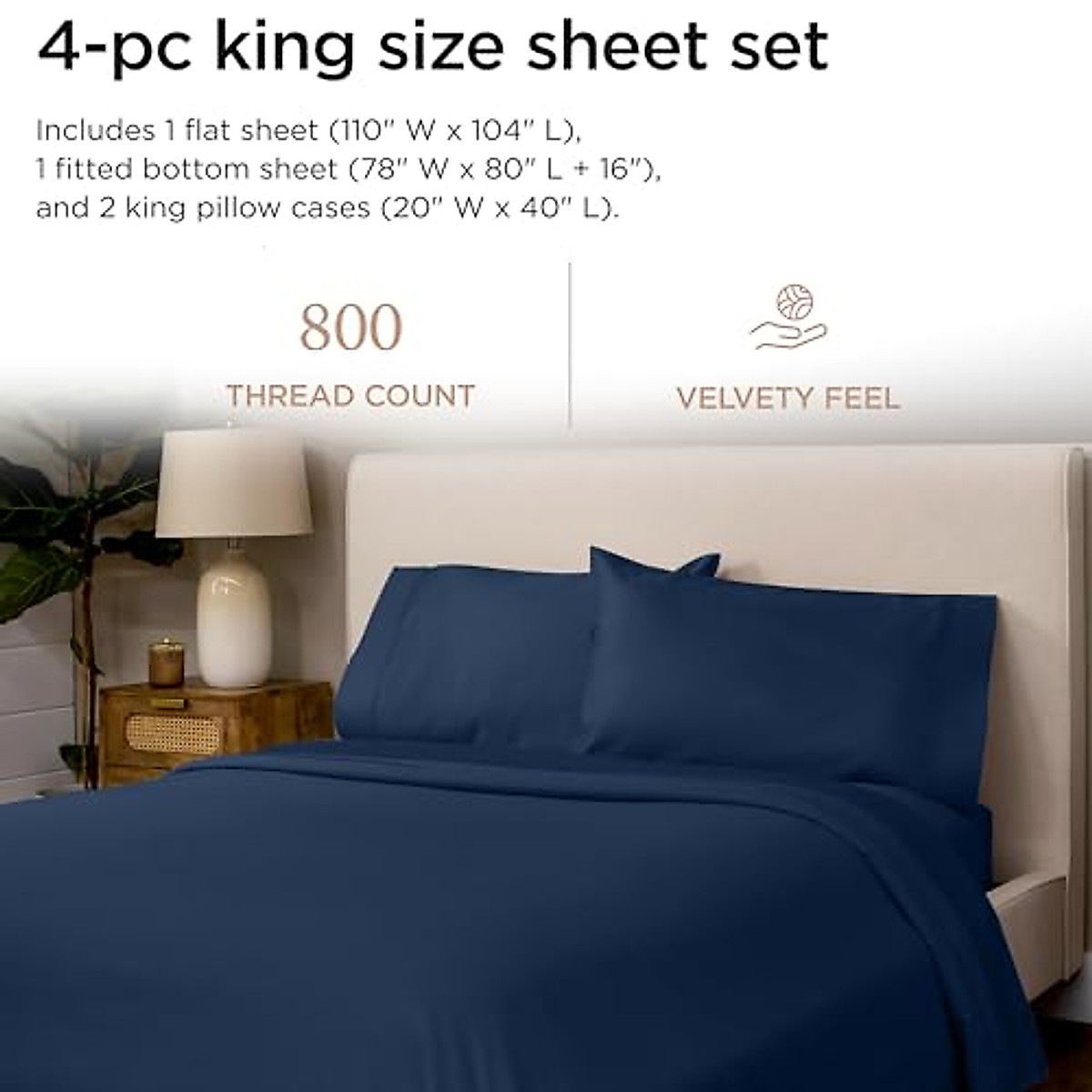 Threadmill Luxury 800 Thread Count King 100% Cotton Sheets - Folkstone Blue Sateen Weave Bed-Sheets, Better Than Egyptian Cotton, 4 Pc Solid Soft Bed Set, Fits 16" Deep Pocket