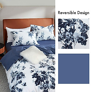 MILDLY 100% Long Staple Cotton Duvet Cover Set Navy Blue Leaves Printed Comforter Cover Set Watercolor Plant Floral