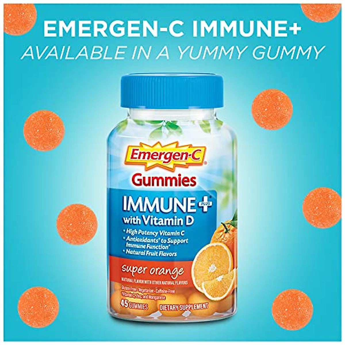 Emergen-C Immune+ Immune Gummies, Vitamin D plus 750 mg Vitamin C, Immune Support Dietary Supplement, Caffeine Free, Gluten Free, Super Orange Flavor - 45 Count