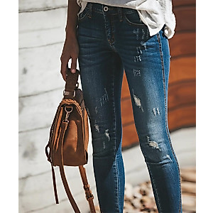 KUNMI Women's Mid Waisted Skinny Ripped Jeans Slim Fit Distressed Stretchy Denim Pants, 6, M002-blue