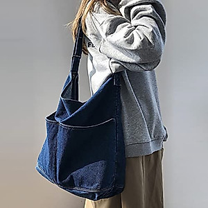 AIEOE Denim Hobo Bags for Women Handbags School Vintage Messenger Bag Jean Backpack Aesthetic Crossbody Tote Navy Blue