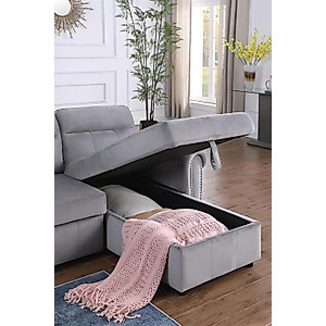 FANYE L-Shaped Oversized Reversible Convertible Tufted Sleeper Sectional Sofa with Pull Out Sleeper Couch Bed,Nailhead Decor Armrests and Storage Chaise for Living Room, Grey Velvet Sofabed