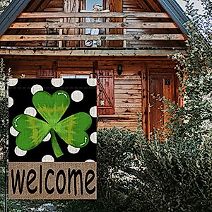 St Patricks Day Welcome Garden Flag Spring Clover 12 x 18 Inch Vertical Double Sided Burlap Polka Dot Shamrock Farmhouse Yard Outdoor Decoration