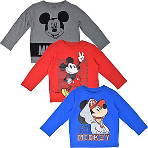 Disney Mickey Mouse Infant Baby Boys 3 Pack Long Sleeve T-Shirts Red/Blue/Grey 18 Months