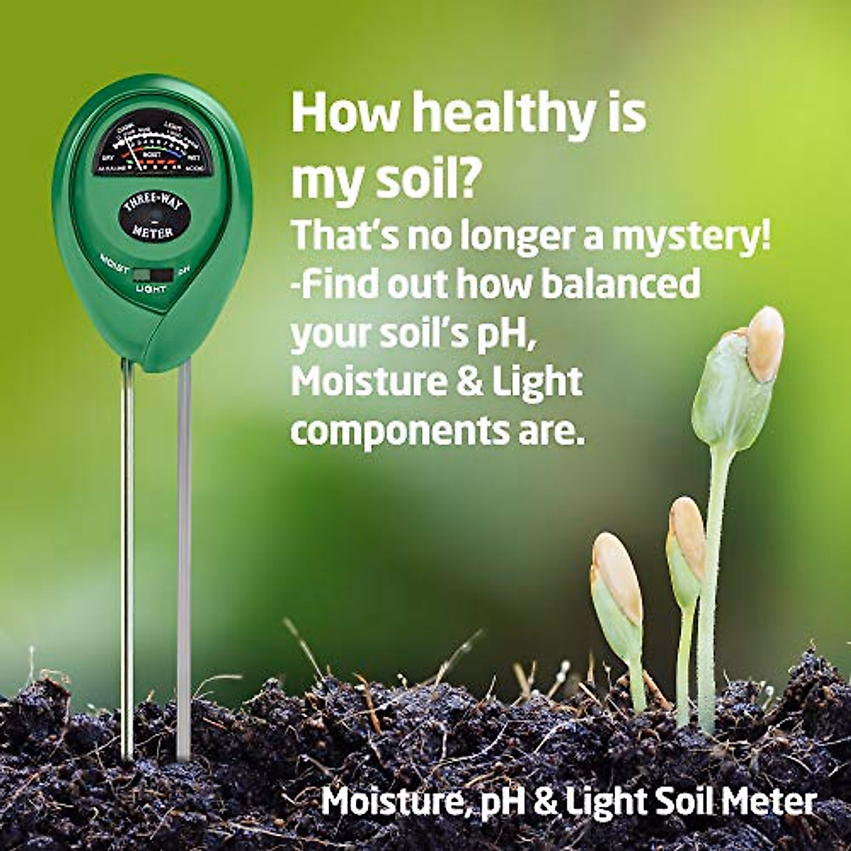 Soil pH Meter, 3-in-1 Soil Test Kit For Moisture, Light & pH, A Must Have For Home And Garden, Lawn, Farm, Plants, Herbs & Gardening Tools, Indoor/Outdoors Plant Care Soil Tester (No Battery Needed)