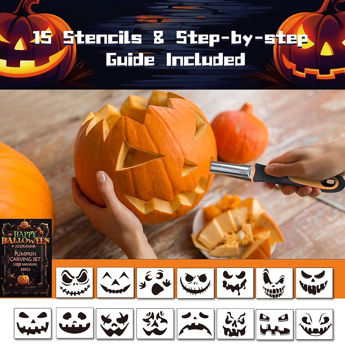 Halloween Pumpkin Carving Kit,33 PCS Pumpkin Carving Tools for Kids&Adults-Professional Stainless Steel Carving Tools & Carving Stencils & Candles-Halloween Gifts Decoration Jack-O-Lantern