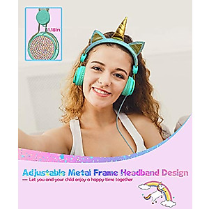 Girls Pink Unicorn Wired Headphones,Cute Cat Ear Kids Game Headset for Boys Teens Tablet Laptop PC,Over Ear Children Headset withMic,for School Birthday Xmas Gifts (Unicorn-Green)