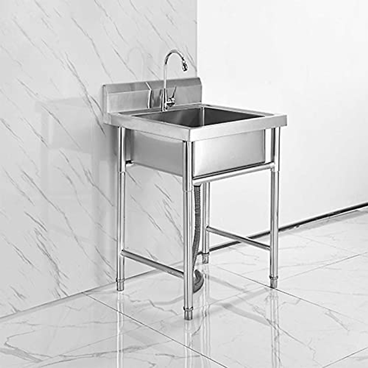 Thicken Independent 201 Utility Stainless Sink Portable Commercial Stainless Steel Sinks with Faucet Suitable for Outdoor Indoor Garage Kitchen Laundry Room (60 X 60 X 80cm)