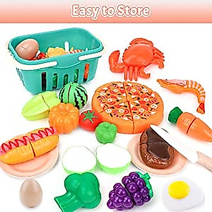 deAO Kids Play Kitchen Accessories with Pots and Pans,Cutting Food Toy,Cookware Utensils,63 PCS Play Food Set-- Kids Kitchen Accessories for Girls Boys Kids