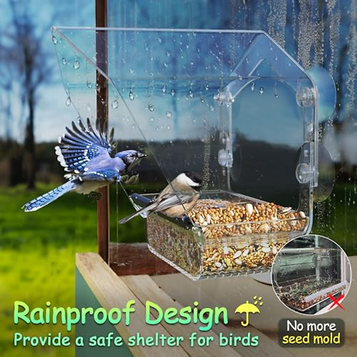 Ermete Window Bird Feeder with Strong Suction Cups, Large View Clear Bird Feeder Window, Adjustable Size Bird Window Feeder with Bird Seed Tray, Rain Proof Window Bird Feeders for Outside (S2)