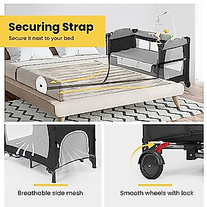 VIVOHOME 5 in 1 Baby Bassinet Bedside Sleeper Pack and Play with Mosquito Net, Diaper Changer, Safety Strap, Stand Up Ring, Mattress, Music Box Portable Travel Crib for Newborn to Toddlers, Black