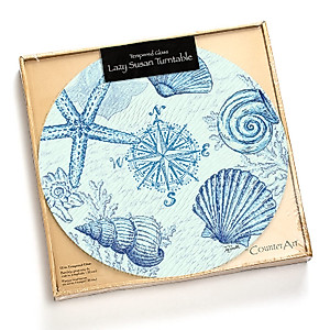 CounterArt Coastal Sketch 4mm Heat Tolerant Tempered Glass Lazy Susan Turntable 13" Diameter Cake Plate Condiment Caddy Pizza Server