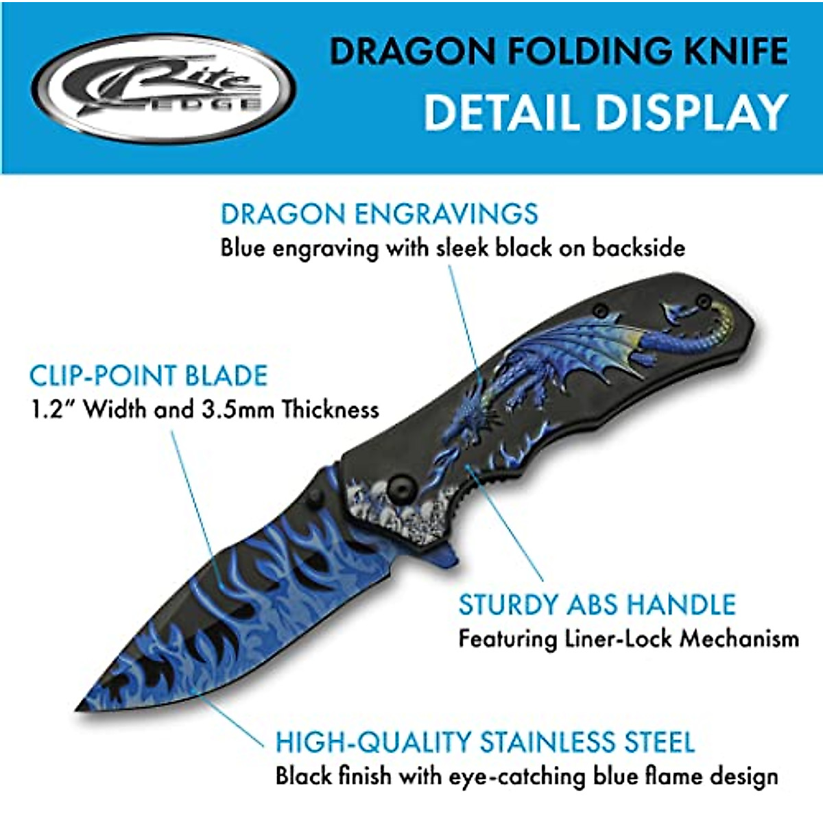 SZCO Supplies 8” Blue Dragon Decaled Liner Lock Folding Knife with Pocket Clip