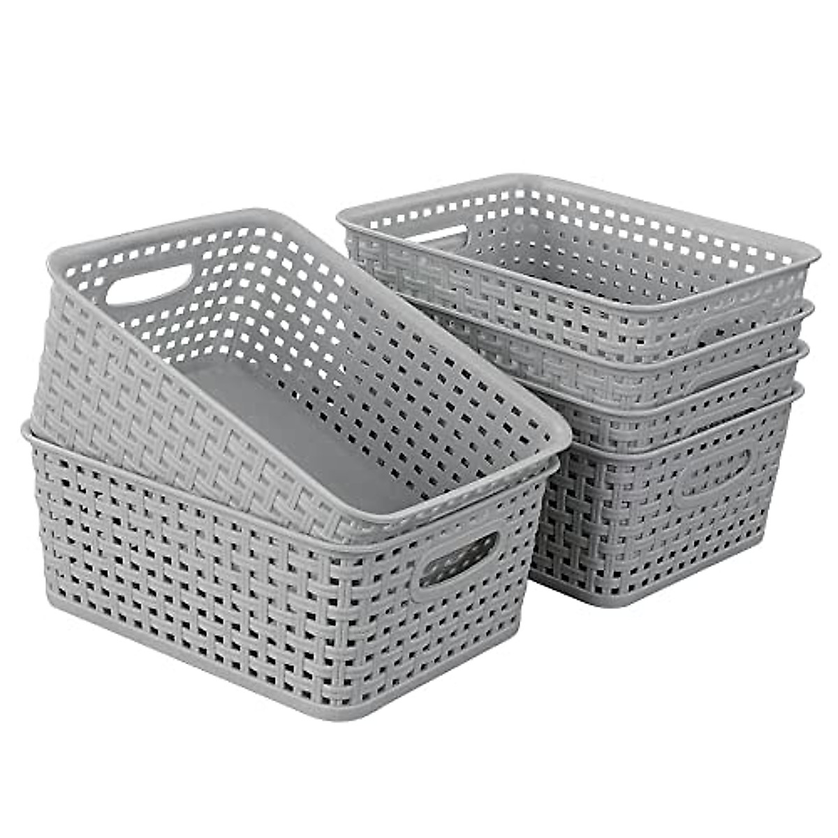 Obstnny 6-Pack Weave Storage Basket, Plastic Pantry Organizer Bins, Sliver Grey