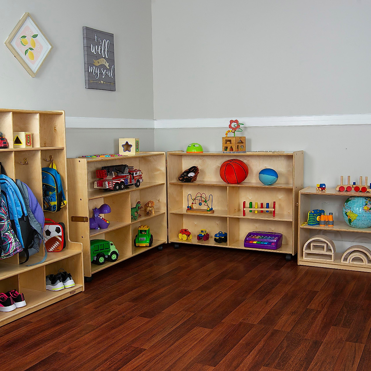 Contender Extra Large Folding Mobile Storage Organizer for Daycare Classroom Preschool, Wood Furniture on Rolling Casters with 4 Shelves for Toys, Puzzles, Books