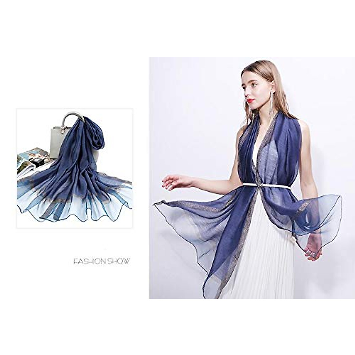 HURESON Lightweight Silk Scarf Elegant Soft Shawls and Wraps for Evening Dresses glitter Scarves for Women for All Seasons (Navy blue)