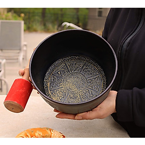 DharmaObjects Tibetan Meditation 8 Lucky Symbols Singing Bowl Mallet Mat Cushion Set (8 Inches, 8 Lucky Symbols)