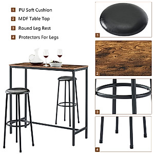 Hoctieon Dining Table with 2 Bar Stools, Rectangle Bar Table and 2 Chairs Set, Small Kitchen Table and Chairs, Bistro Pub Table and Chairs Set of 2 for Café, Kitchen, Living Room, Rustic Brown