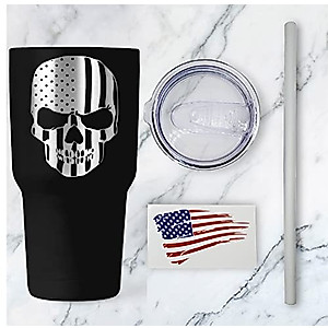 American Flag Skull 30oz Patriotic Tumbler - American Flag Tumbler Travel Mug - Patriotic Coffee Travel Mug - Double Insulated 30oz Tumbler - Engraved in the USA - (Skull Flag)