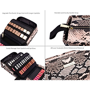 ROWNYEON Lipstick Organizer Bag Case Lipstick Holder 67 Slots Snake Print Portable Travel Makeup Bag Cosmetic Case Lipstick Carrying Case Makeup Storage Bag Case For Lip Gloss,Mascara-Pink PU Leather