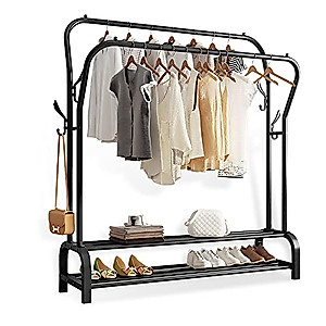 TORIBIO Garment Rack Free standing Clothes Hanger with Double Rods Upgrade Multi-functional Storage Shelf Coat Rack 4 Hooks Black