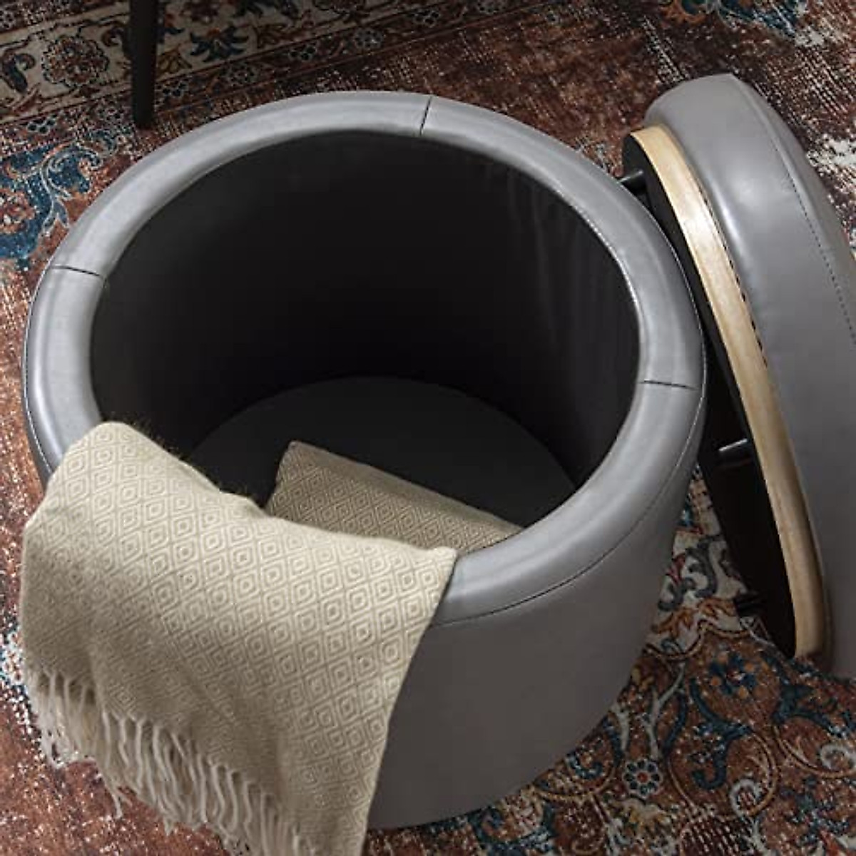 Linon Lexington Grey Faux Leather Round Storage Ottoman with Wood Accent