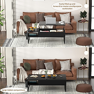 Aheaplus Lift Top Coffee Table with Storage, Wood Lifting Top Central Table Metal Frame, 43.3" Lift Tea Table with Side Pouch, Cocktail Table Modern Adjustable Table for Living Room, Black