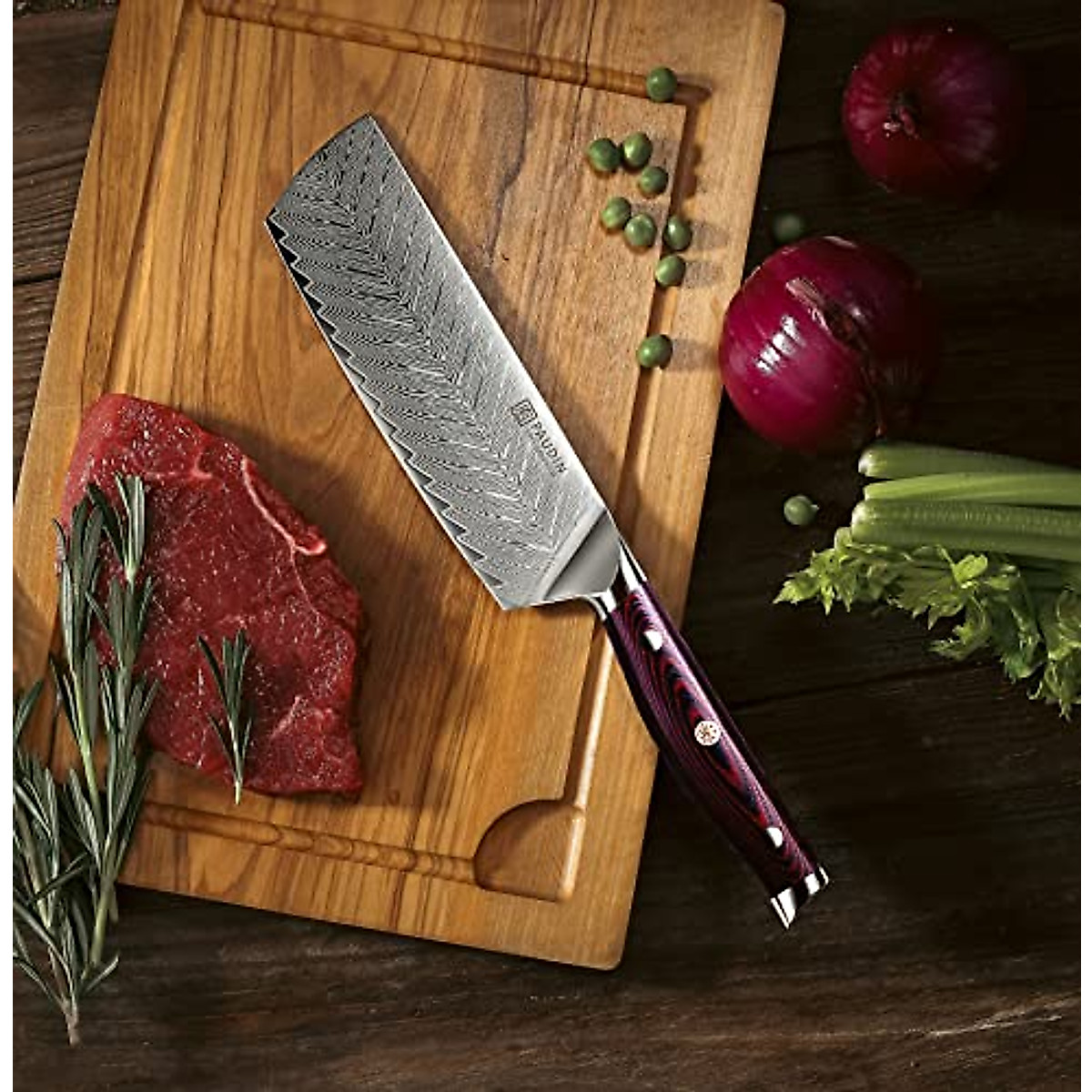 PAUDIN Damascus Nakiri Knife,7 Inch Japanese Damascus 67-layers VG10 High Carbon Stainless steel Knife, Ultra Sharp Vegetable Knife, Plume Pattern Kitchen Knife with Ergonomic G10 Handle