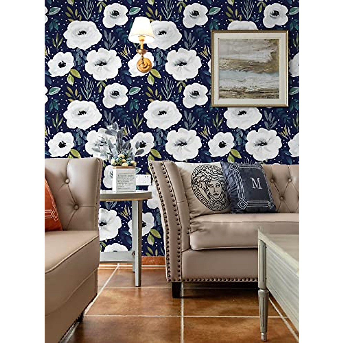 HAOKHOME 93245-3 Peel and Stick Floral Wallpaper Home Decor Removable Navy/White/Blue Vinyl Self Adhesive Mural 17.7in x 9.8ft