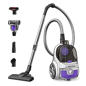 Aspiron Upgraded Canister Vacuum Cleaner, 1200W Bagless Vacuum Cleaner, 3.7Qt Large Capacity, Auto Cord Rewind, Double HEPA Filter, 5 Tools for Hard Floors, Carpet, Pet, Upholstery, Tiles, Car, Silver