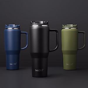 EALGRO Insulated Coffee Mug Cup with Lid, 40 oz Tumbler with Handle and Straw, Double walled Stainless Steel Coffee Tumbler, Thermal Water Bottle Jug, Navy Blue