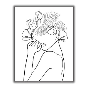 Woman with Flowers on Head Line Art - 11x14 UNFRAMED Abstract Minimalist Decor Wall Print in Black on White.