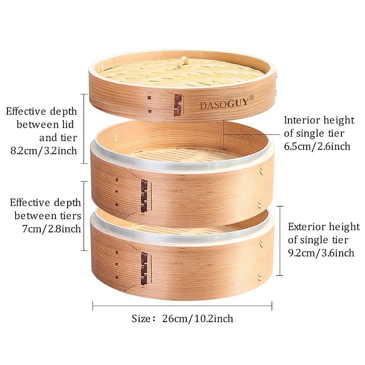 Dasoguy Deepen 10.2 Inch Handmade Wood Steamer with Stainless Steel Rings, 2 Tiers Steam Basket for Dumpling Dim Sum Bun Rice Chinese Food, Present 2 Cotton Liners