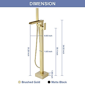 Freestanding Bathtub Faucet Brushed Gold Waterfall Bathtub Faucet Floor Mount Tub Filler Single Handle Bathtub Shower Faucets with Hand Shower Swivel Spout Brass Mixer Tap by BWE