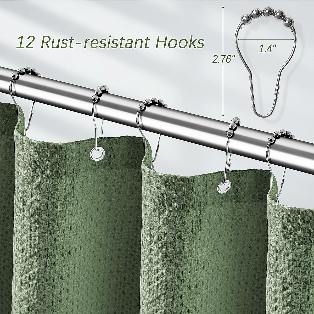 PANGSINNE Sage Green Shower Curtain - Waffle Weave Fabric Heavy Duty for Bathroom, Water Repellent Weighted 256GSM Hotel Quality Machine Washable Bath Curtains with 12 Hooks, 72Wx72H