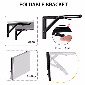 YUMORE Folding Shelf Bracket Heavy Duty, 12 Inch Collapsible Shelf Bracket, Black DIY L Bracket for Workbench Folding Table Hinge, Max Load: 330lbs, 2 Pack
