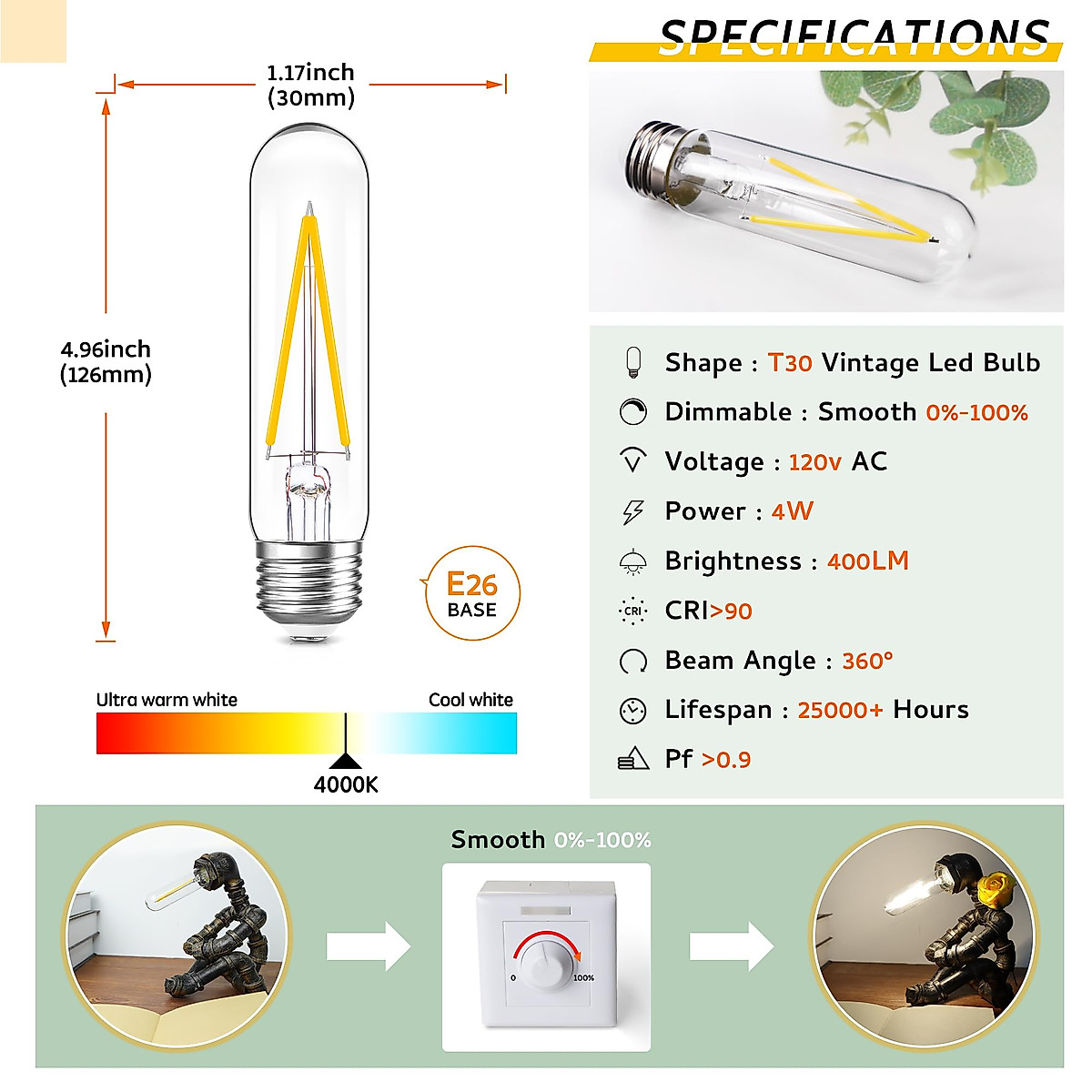 Sphoon Dimmable 4000K Natural White Light Tubular Led Bulb E26 led Light Bulb,T10 T30 Vintage LED Bulbs, 40 watt Equal 4W, Edison Lights Bulbs, AC120V, 400lm, for Chandelier Pendant Lights- 2 Pack