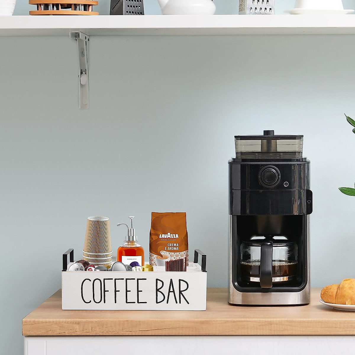 Pitmoly Coffee Station Organizer, Wooden Coffee Bar Accessories Organizer for Countertop, Farmhouse K Cup Coffee Pod Holder with Handle, Rustic Retro Storage Bin for Coffee Tea Bag (White)