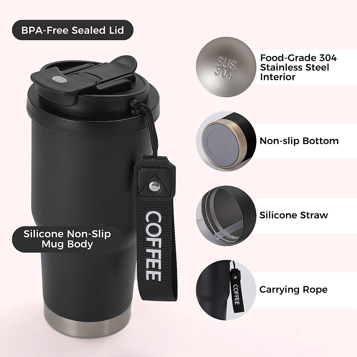 LATTPLYN Travel Coffee Mug, 18 oz Insulated Coffee Cup with Lid, Leakproof Stainless Steel Double-Wall Insulation Coffee Tumbler For Hot/Ice Coffee Tea Reusable Vacuum Thermal Thermos(Black-2, 18 oz)