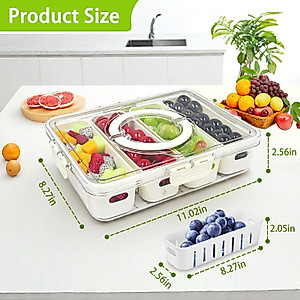 Salad Bar Containers for Fridge, 4 Compartment Divided Serving Tray with Lid & Handle for Fridge Fruit Charcuterie Storage, Veggie Tray Drainer Container Berry Snackle Box Container, BPA-Free