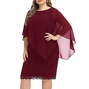 Burgundy Plus Size Dresses Wedding Guest Red Formal Cocktail Party Women Ladies Mother Cape Chiffon Lace Overlay Dress