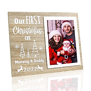 Xunboo Baby 1st Christmas Picture Frame, First Christmas Frame for New Parents, Newborn Family Natural Wood Photo Frame (First Christmas as daddy and mommy)