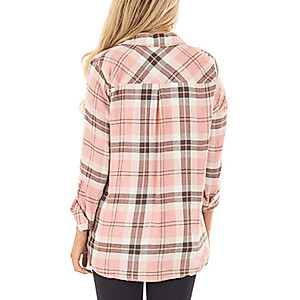 NUOREEL Womens Casual Plaid Soft Button Down Tops Roll Up Long Sleeve Cuffed Blouse Shirts (Large, Pink)