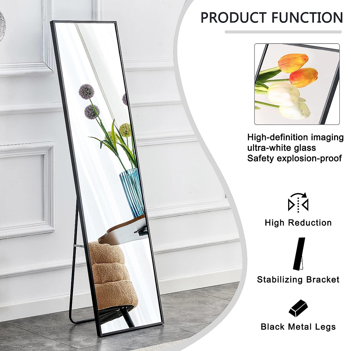 Bblack Aluminum Alloy Metal Frame Wall Mounted Full Body Mirror, Bathroom Makeup Mirror, Bedroom Porch, Clothing Store, Floor Mounted Large Mirror