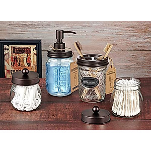 Amolliar 4pcs &4pcs Bronze Mason Jar Bathroom Accessories Set -2 Lotion Soap Dispenser & 2 Cotton Swab Holder(Wide Mouth)& 2 Qtip Holder (Regular Mouth) & 2 Toothbrush Holder-Rustic Farmhouse Decor