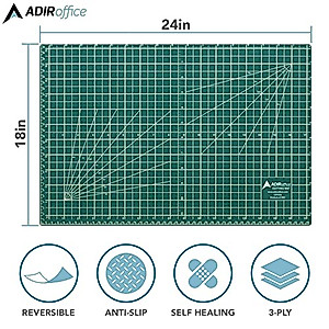 Adir Corp. Self Healing Cutting Mat - 18x24 Inches, 5 Layers Double Sided Cutting Mat for Crafts - Reversible Non-Slip Cutting Pad with Grid